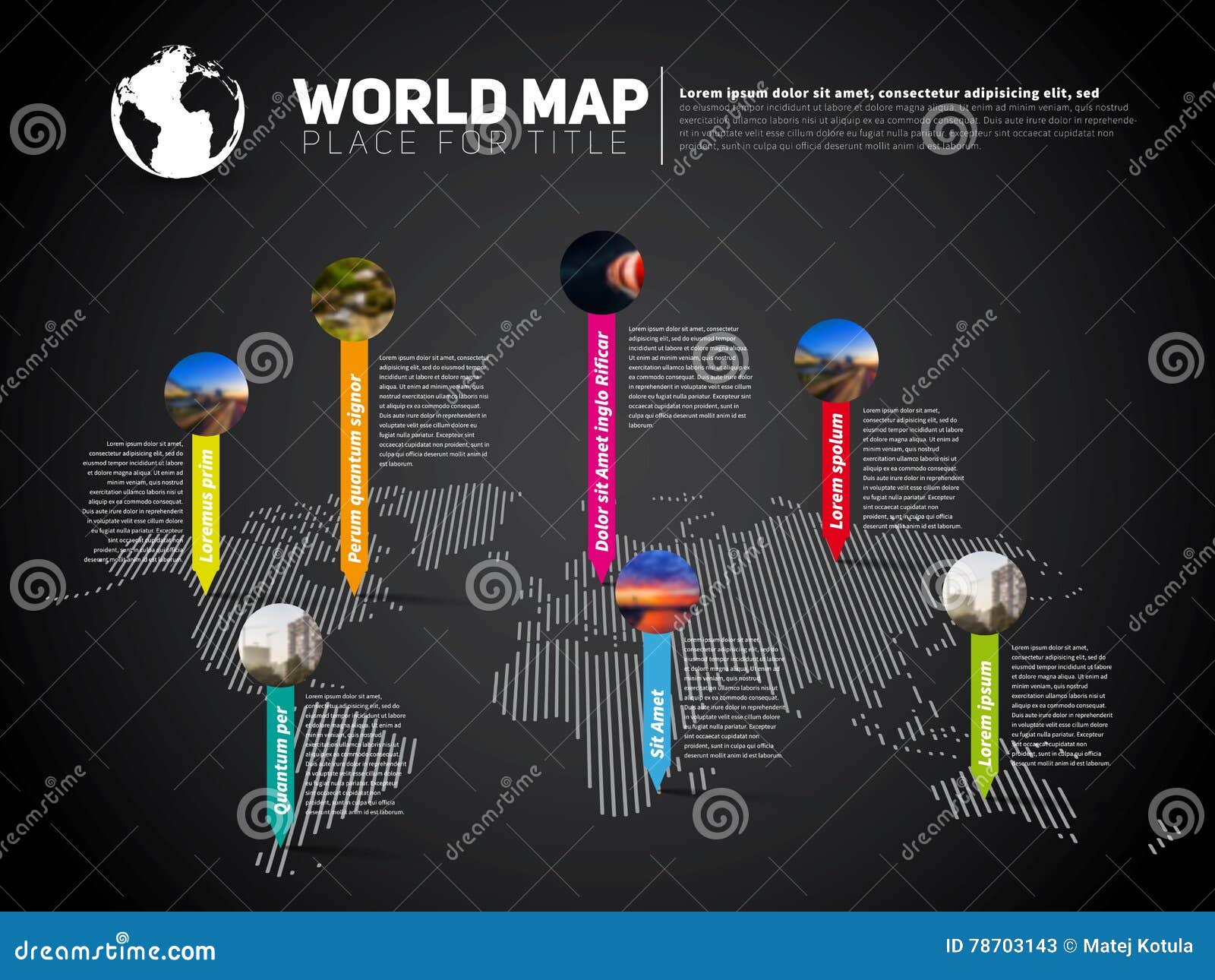 Simple World Map Infographic Template with Pointer Marks, Dark V Stock ...