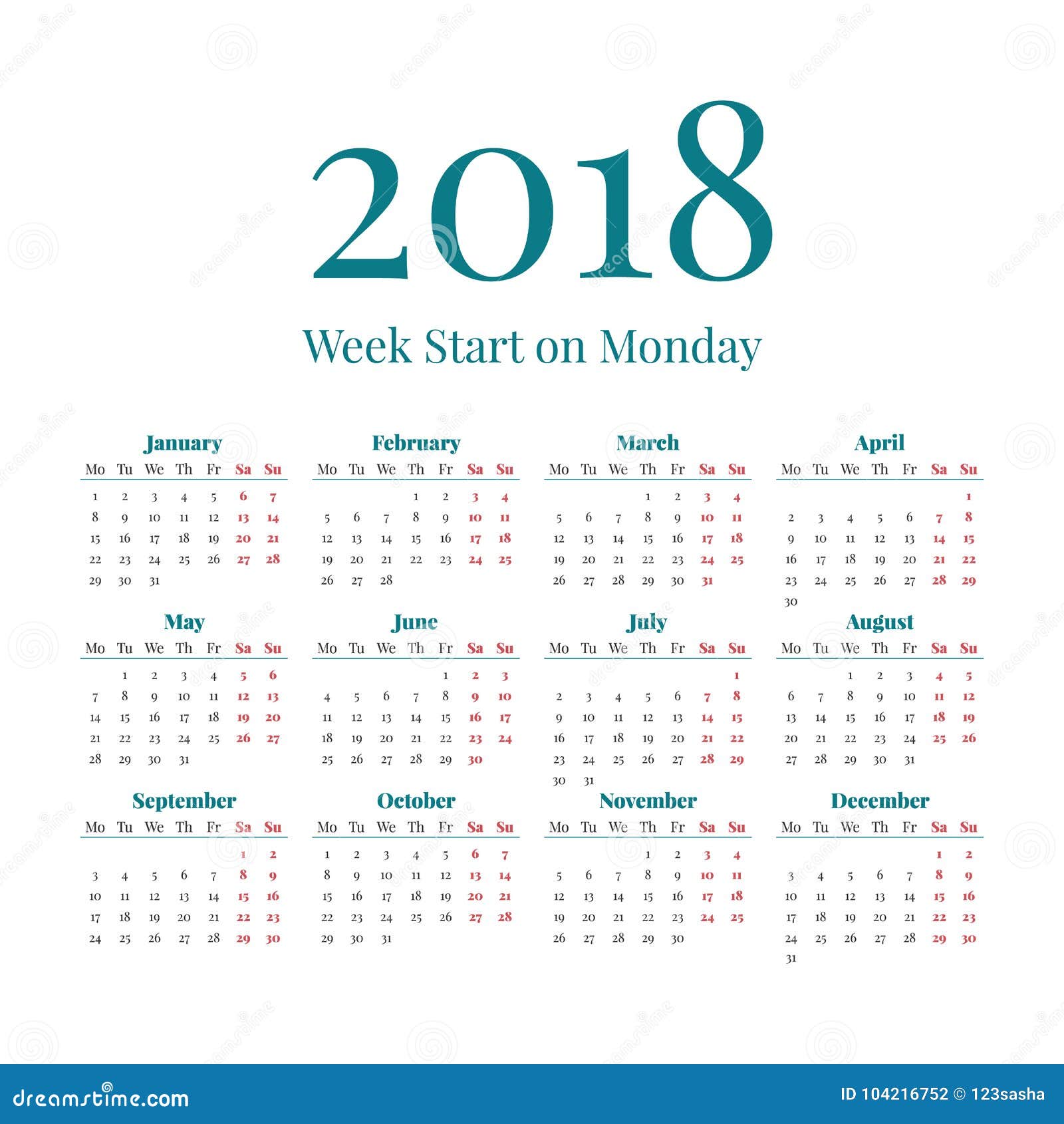 Simple 2018 year calendar stock vector. Illustration of date - 104216752