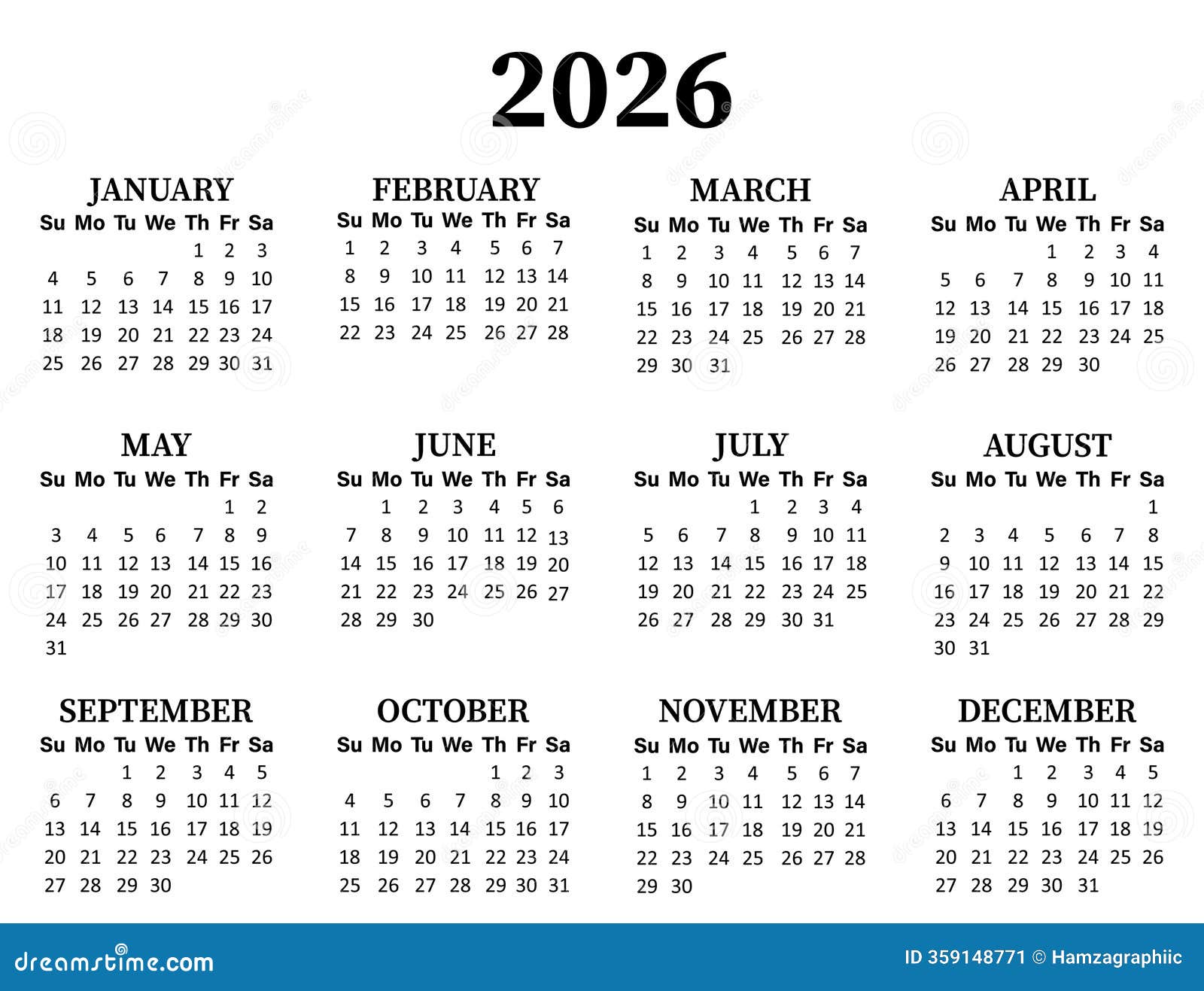 2026 Simple Year Calendar Design Stock Illustration - Illustration of ...