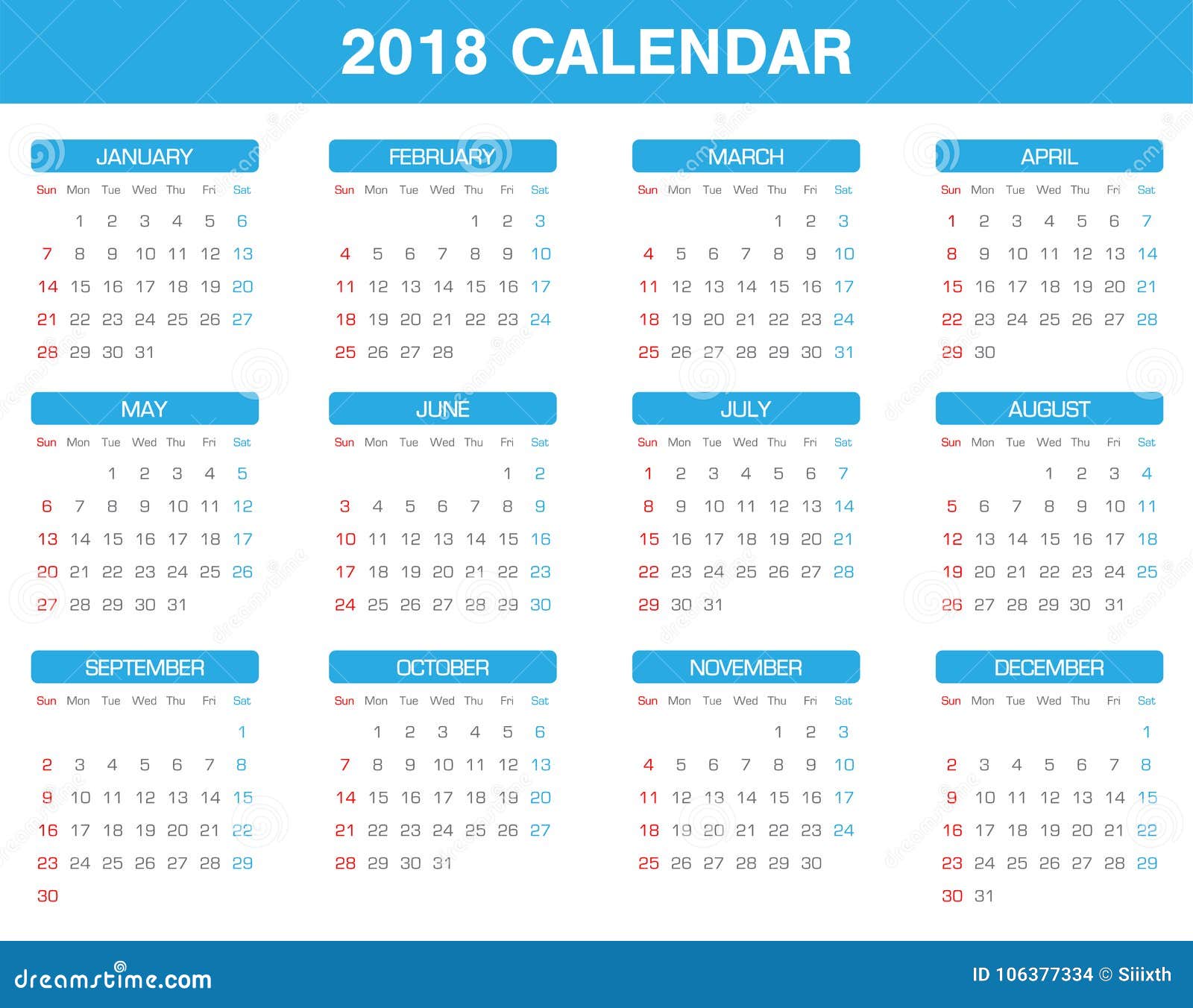 Simple 2018 Year Calendar Set of All Month Stock Vector - Illustration ...