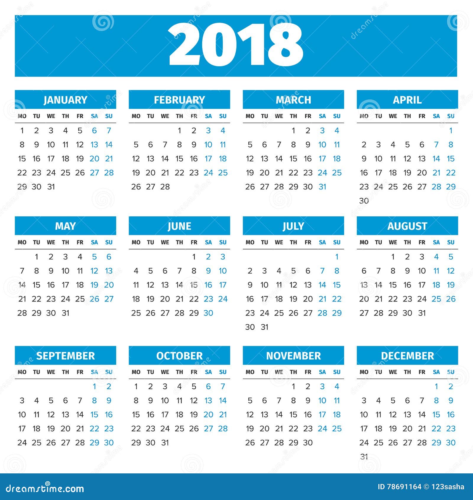 Simple 2018 year calendar stock illustration. Illustration of calendar ...
