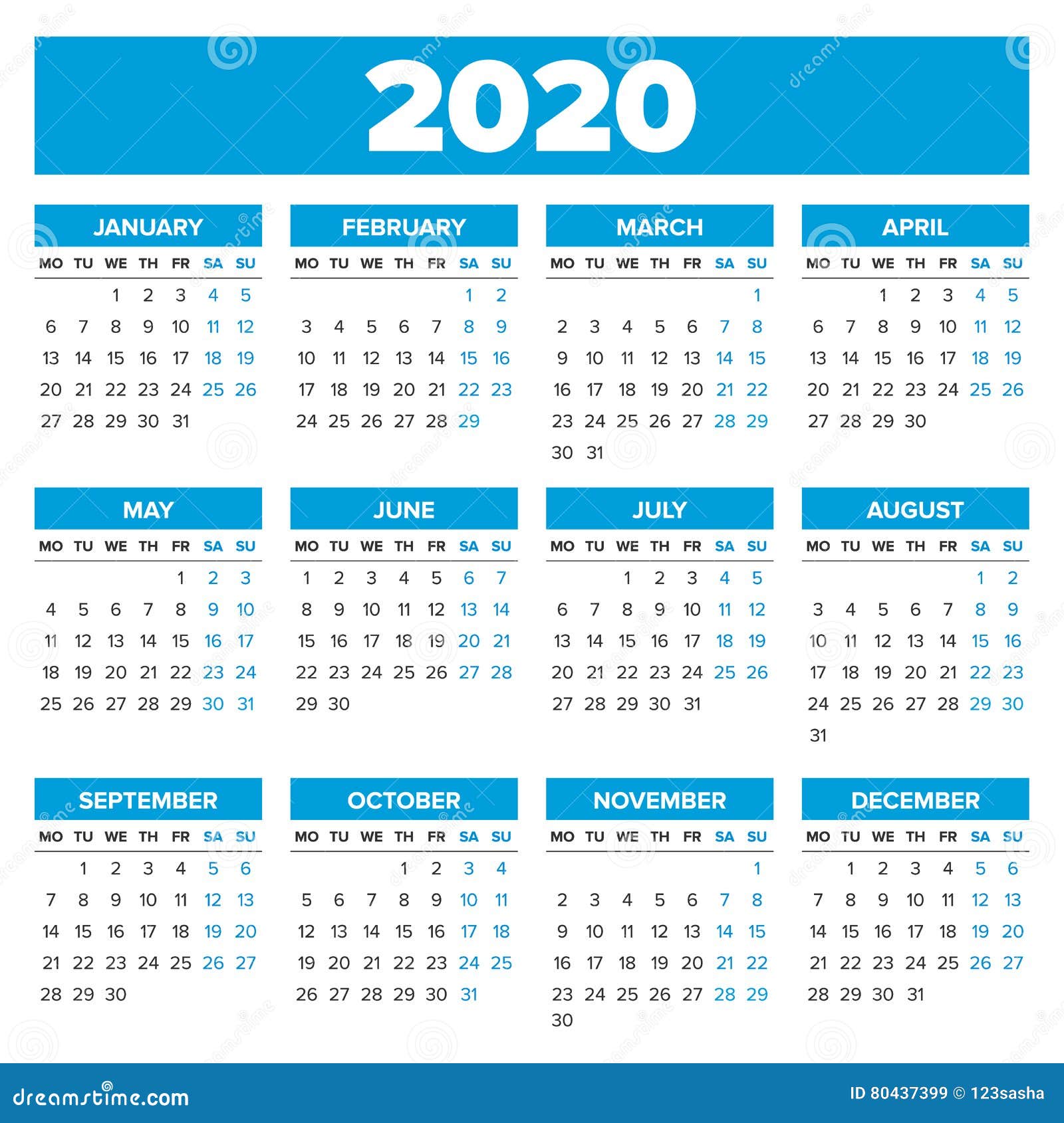 Simple 2020 year calendar stock vector. Illustration of calendar - 80437399