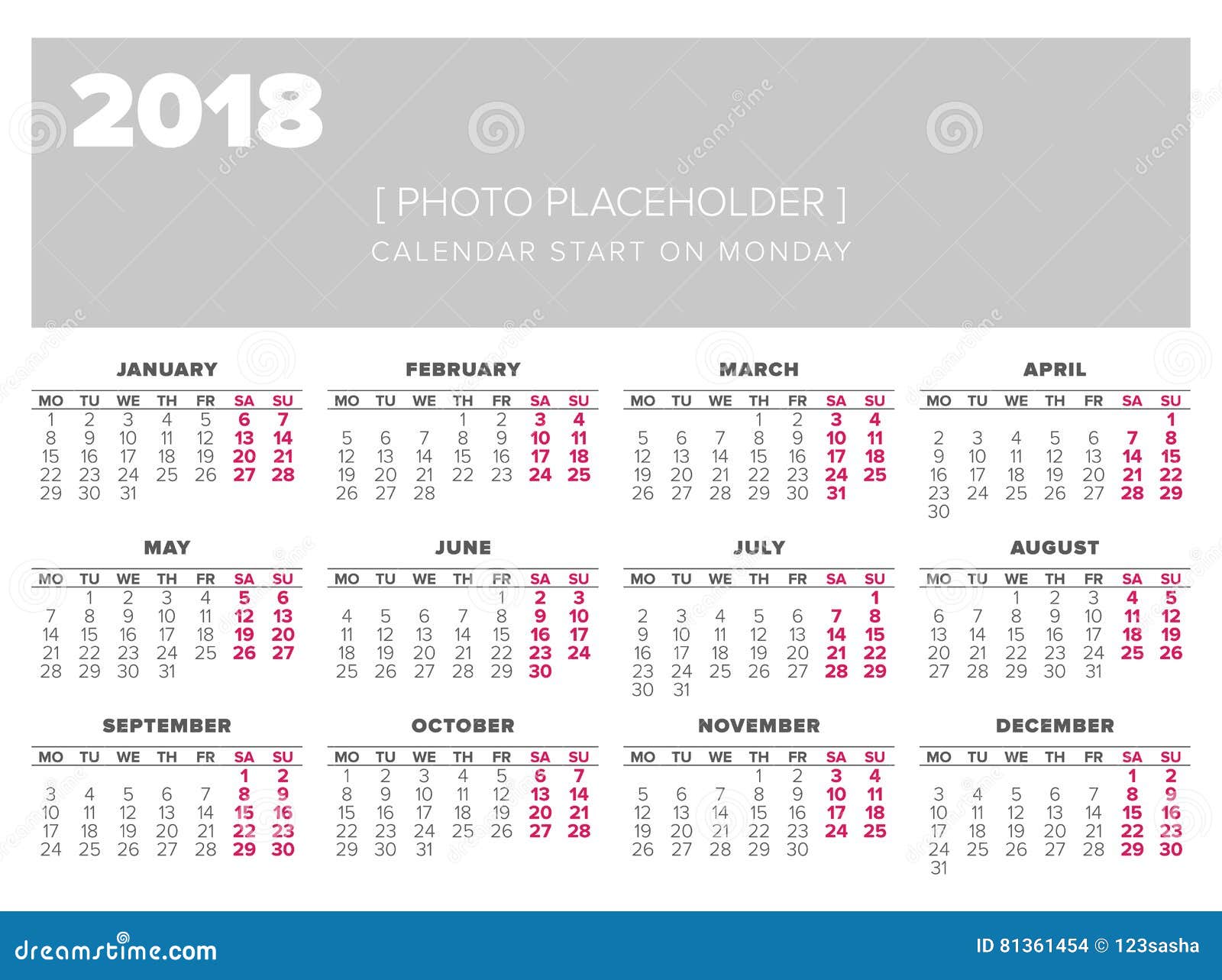 Simple 2018 year calendar stock vector. Illustration of simple - 81361454