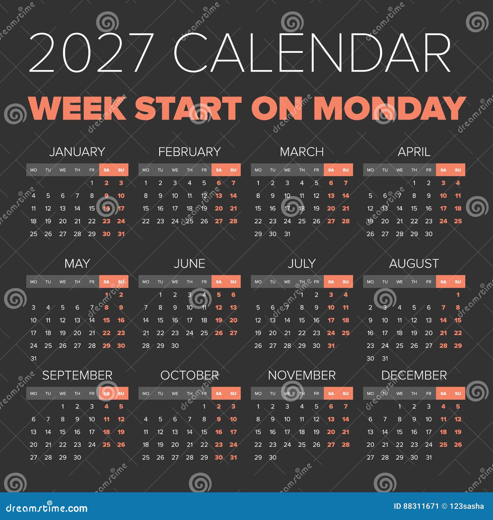 Simple 2027 year calendar stock vector. Illustration of element - 88311671