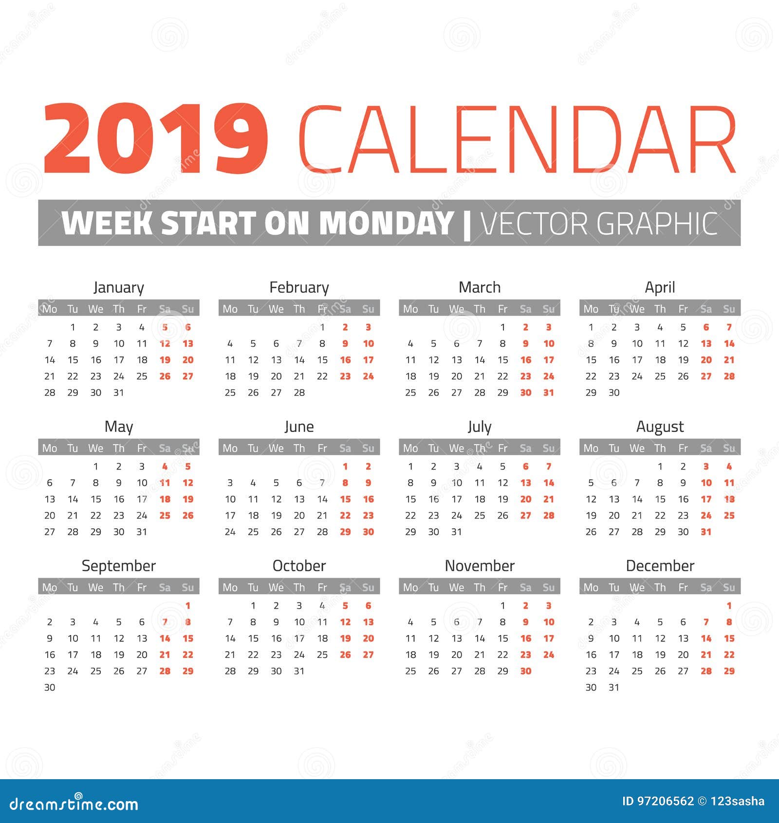 Simple 2019 year calendar stock vector. Illustration of card - 97206562