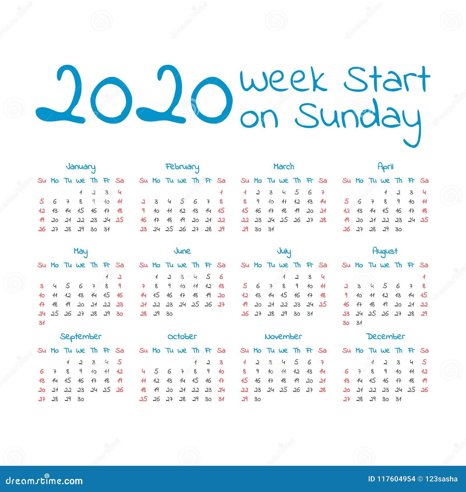 Simple 2020 year calendar stock vector. Illustration of template ...