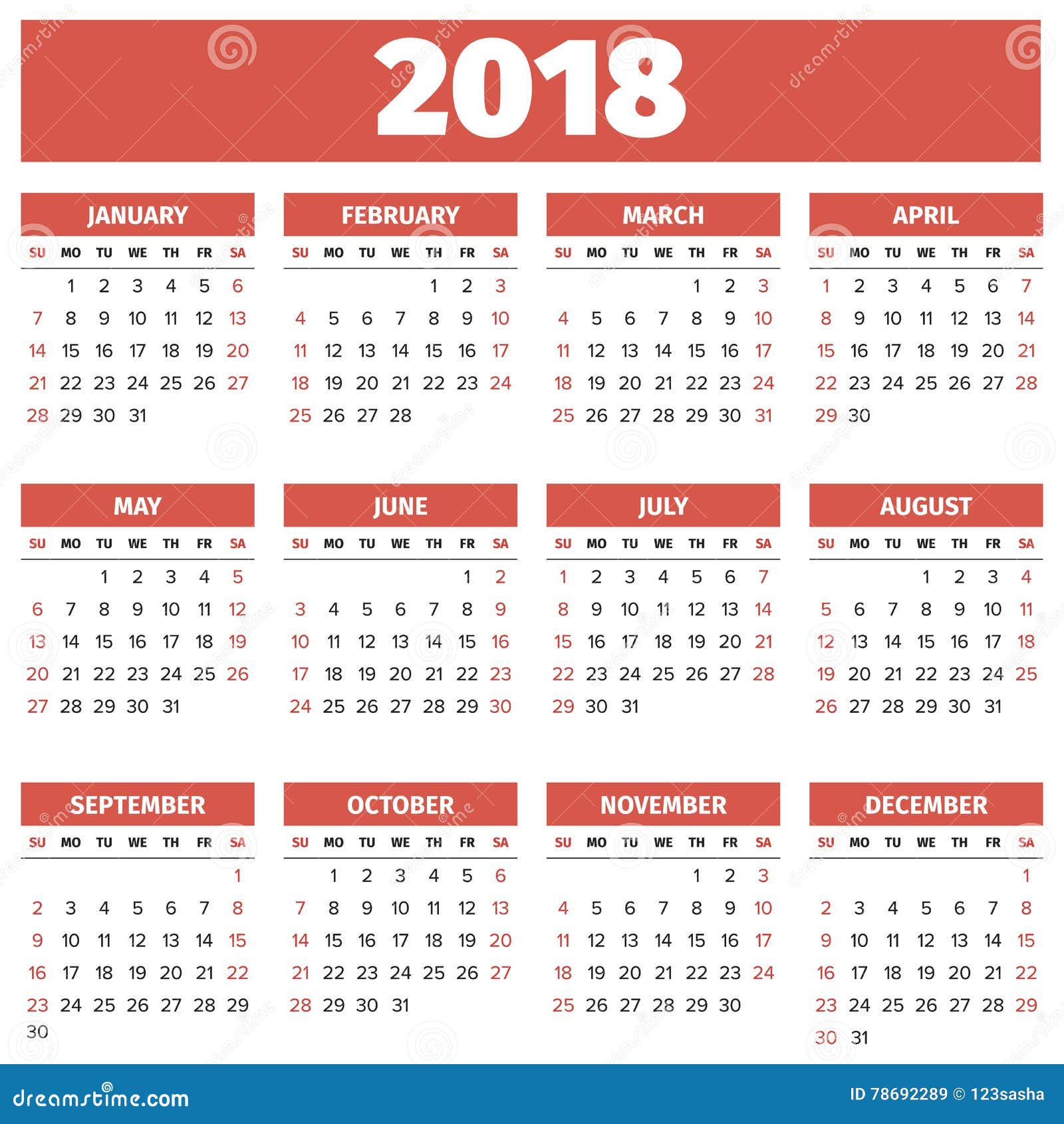 Simple 2018 year calendar stock vector. Illustration of organizer ...