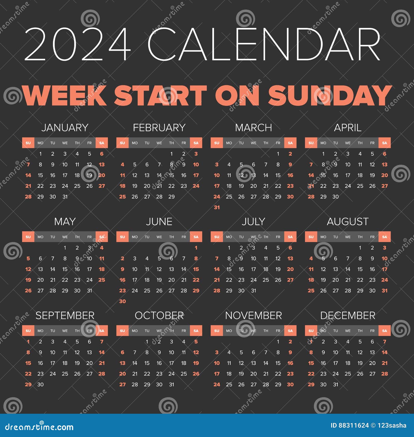 Simple 2024 year calendar stock vector. Illustration of business - 88311624