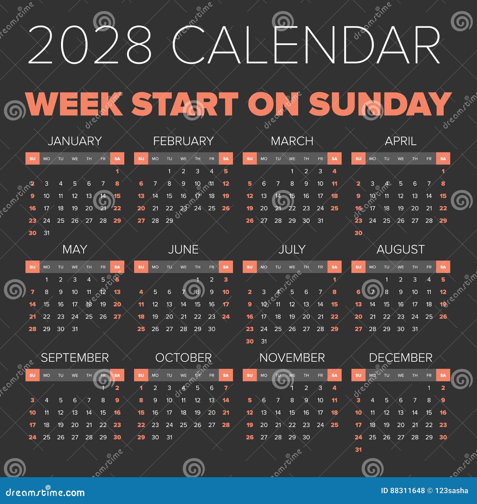 Simple 2028 year calendar stock vector. Illustration of 2028 - 88311648