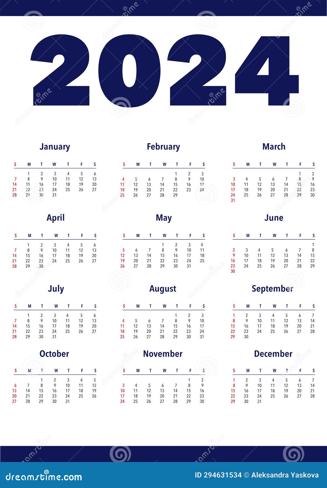 Simple 2024 Year Calendar. Week Starts On Sunday.Wall Calender A3 ...