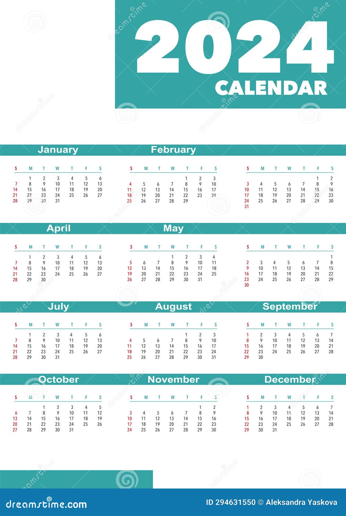 Simple 2024 Year Calendar. Week Starts On Sunday.Wall Calender A3 ...