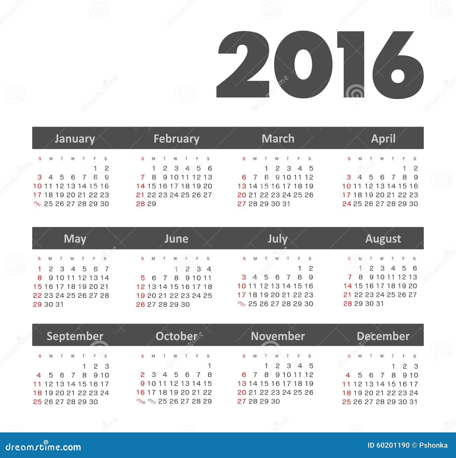 Simple 2016 Year Vector Calendar Stock Vector - Illustration of number ...