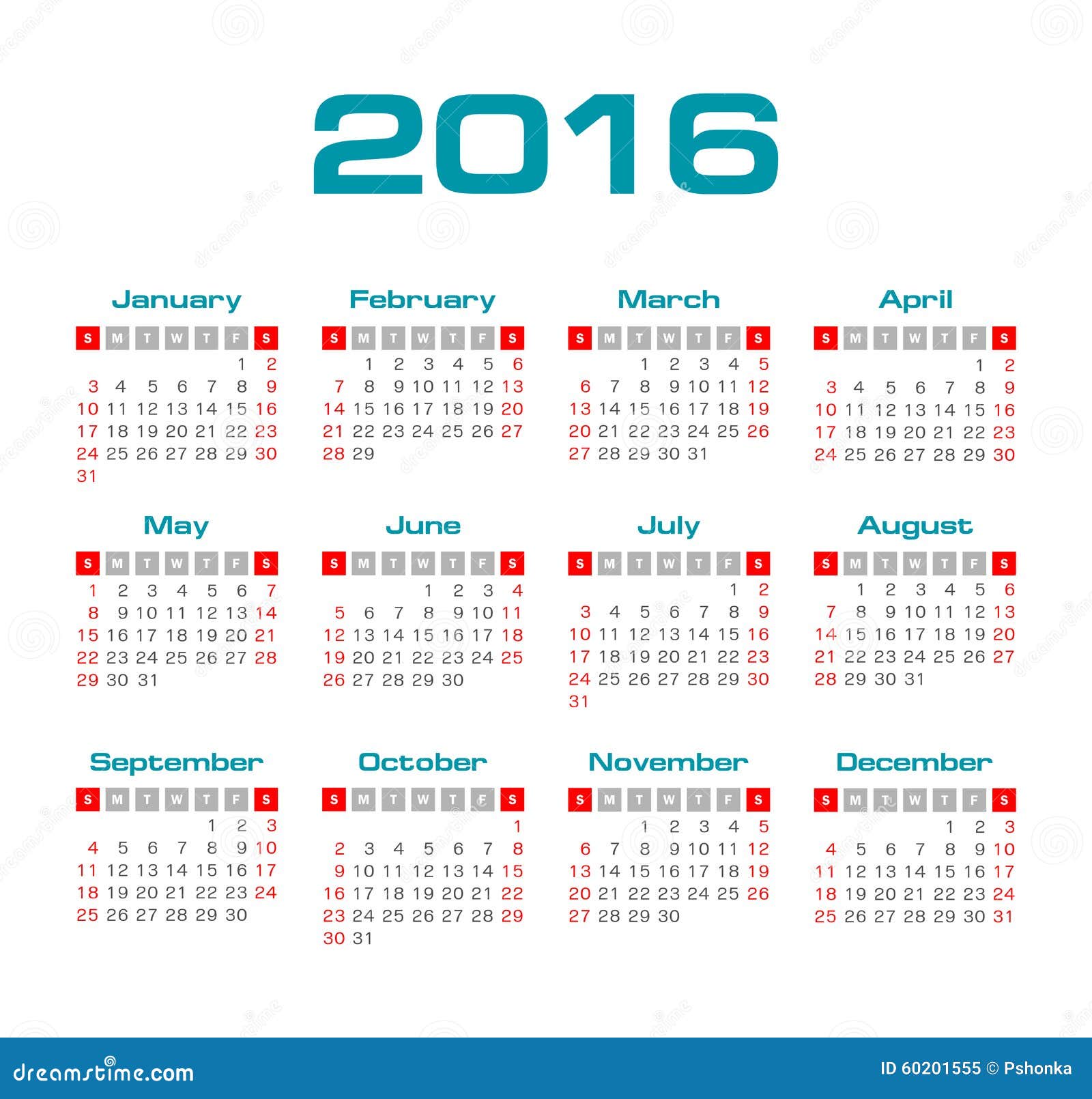 Simple 2016 Year Vector Calendar Stock Vector - Illustration of vector ...