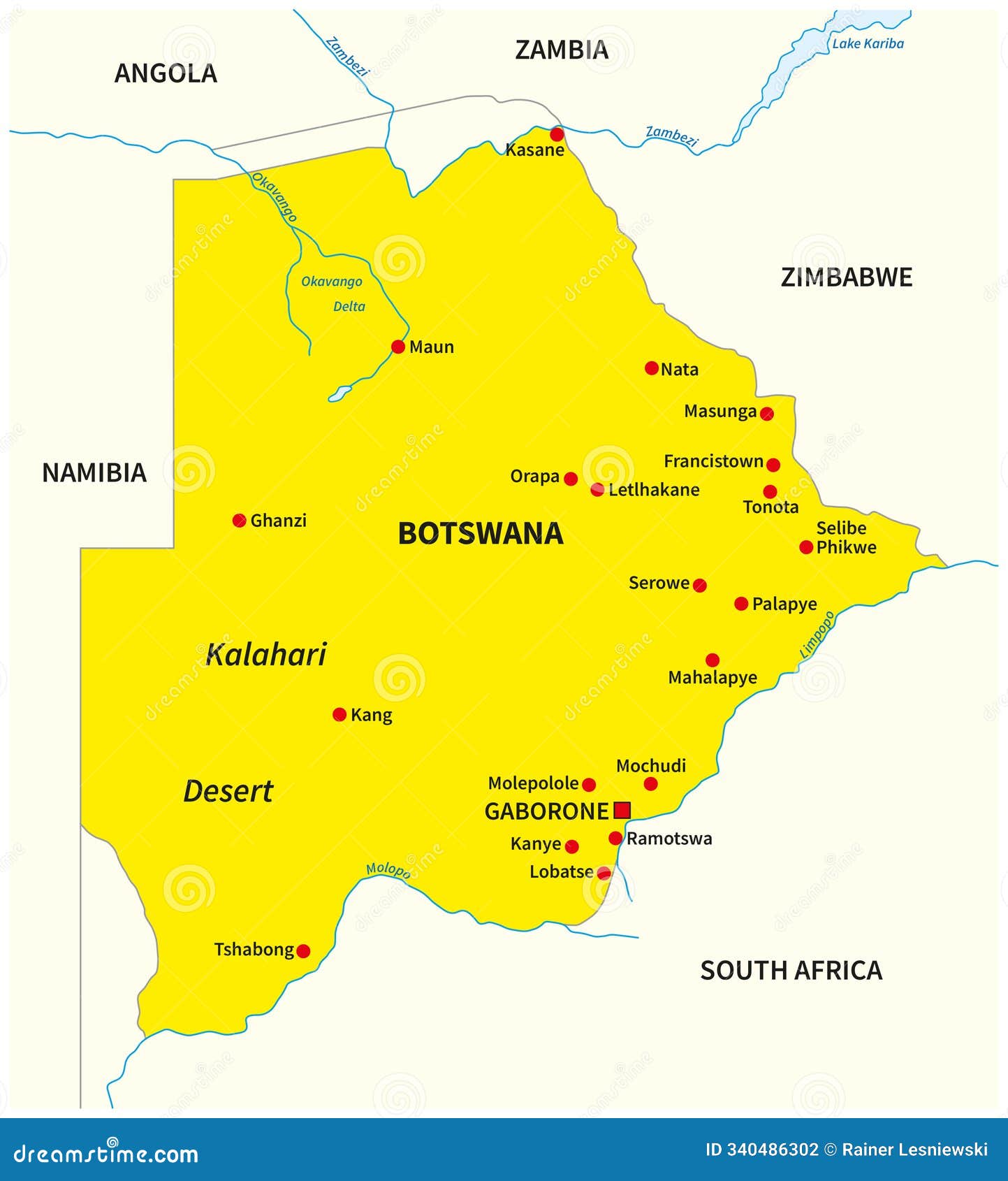 Simple Yellow Overview Map of Botswana Stock Illustration ...
