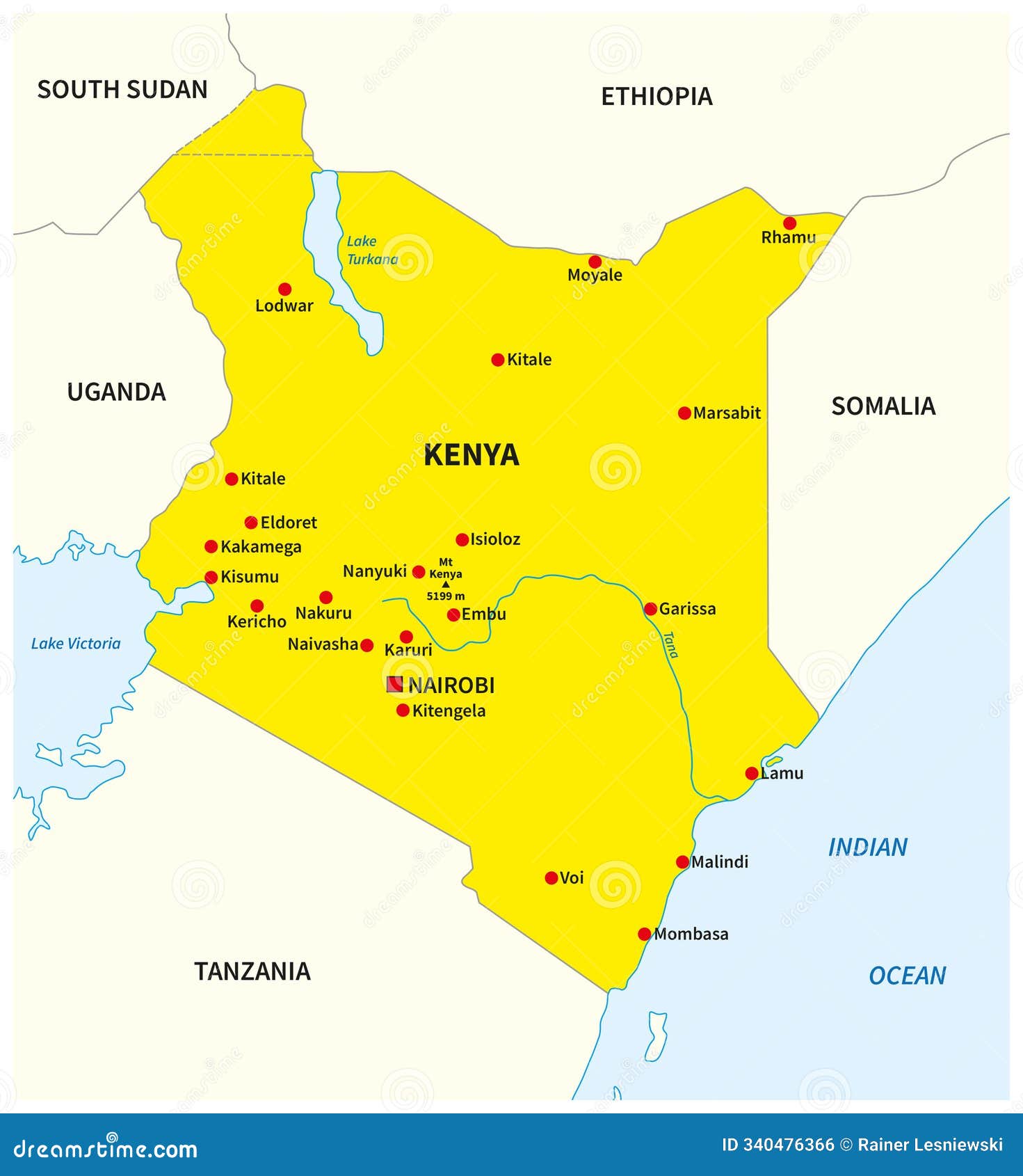 Simple Yellow Overview Map of Kenya Stock Illustration - Illustration ...