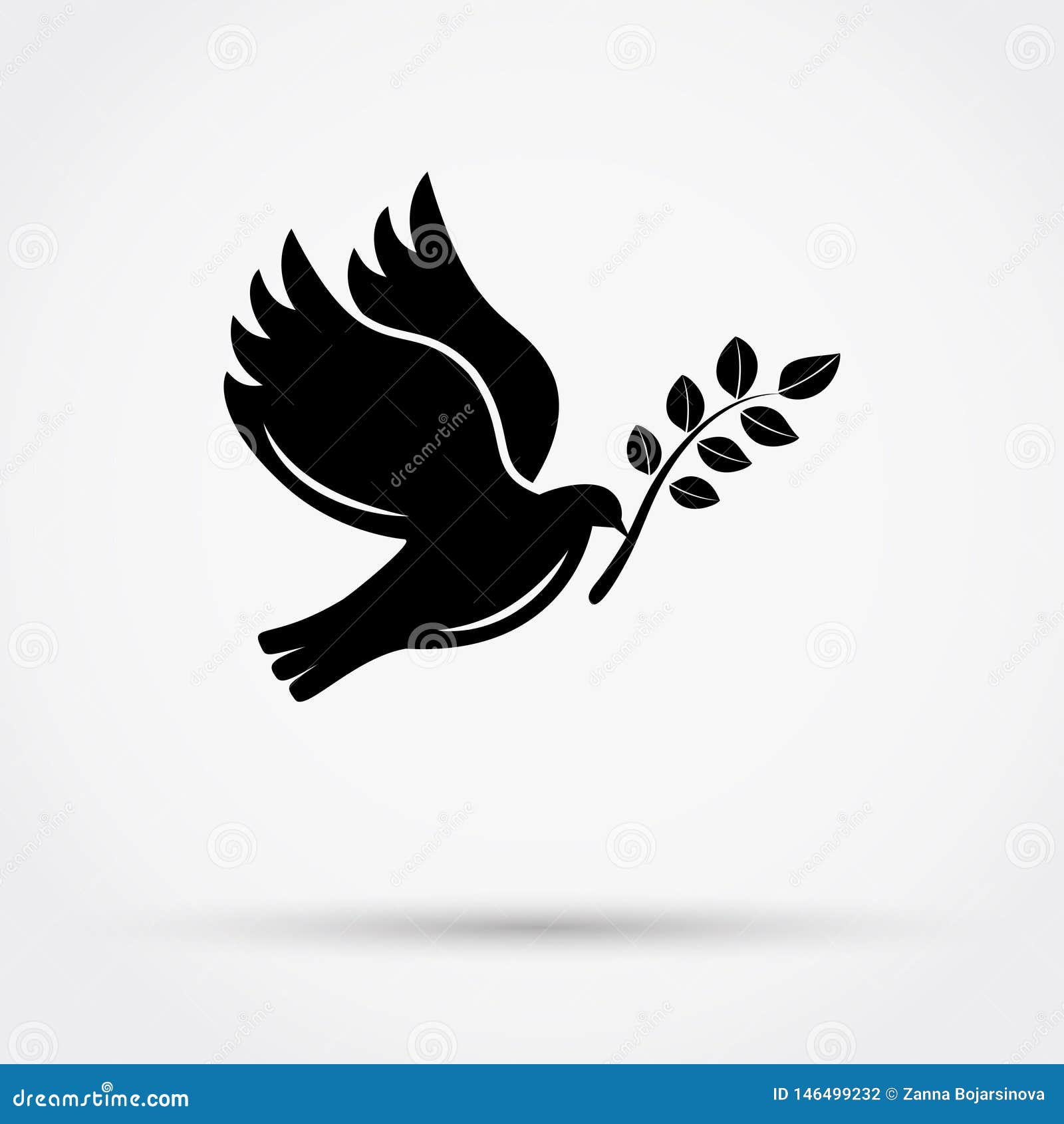 Black Silhouette of Flying Dove with Branch on Grey Background with ...
