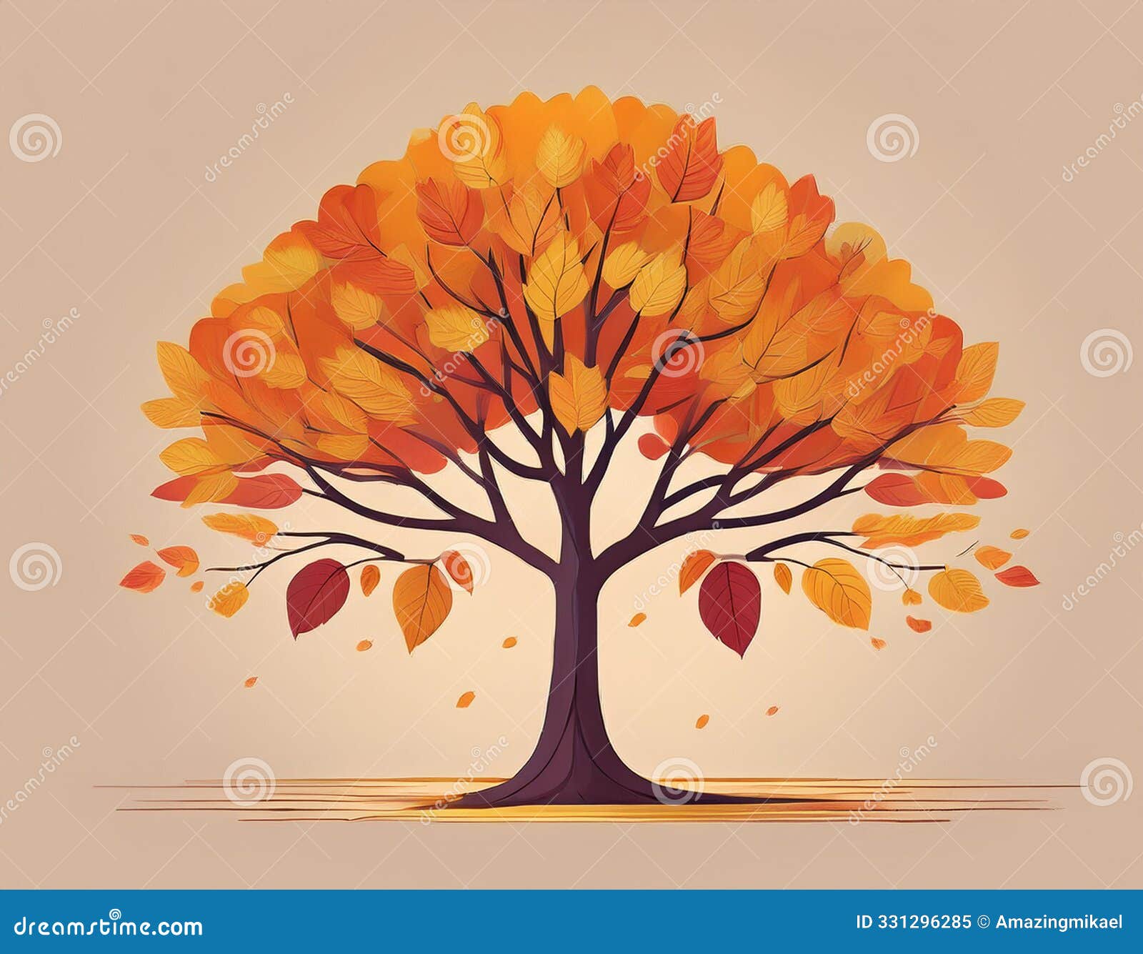 Simplified Autumn Tree Clean Lines Bold Colors Minimal Leaves on Plain ...