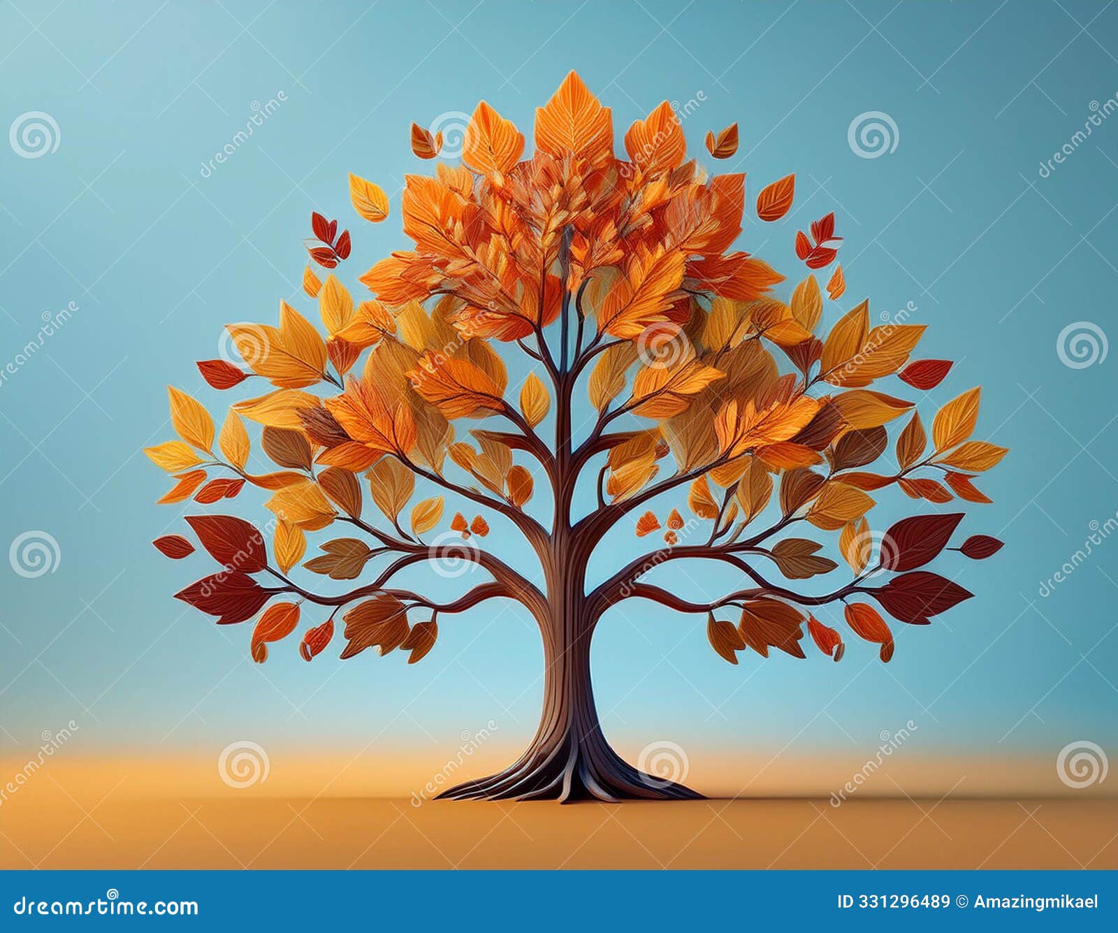 Simplified Autumn Tree Clean Lines Bold Colors Minimal Leaves on Plain ...