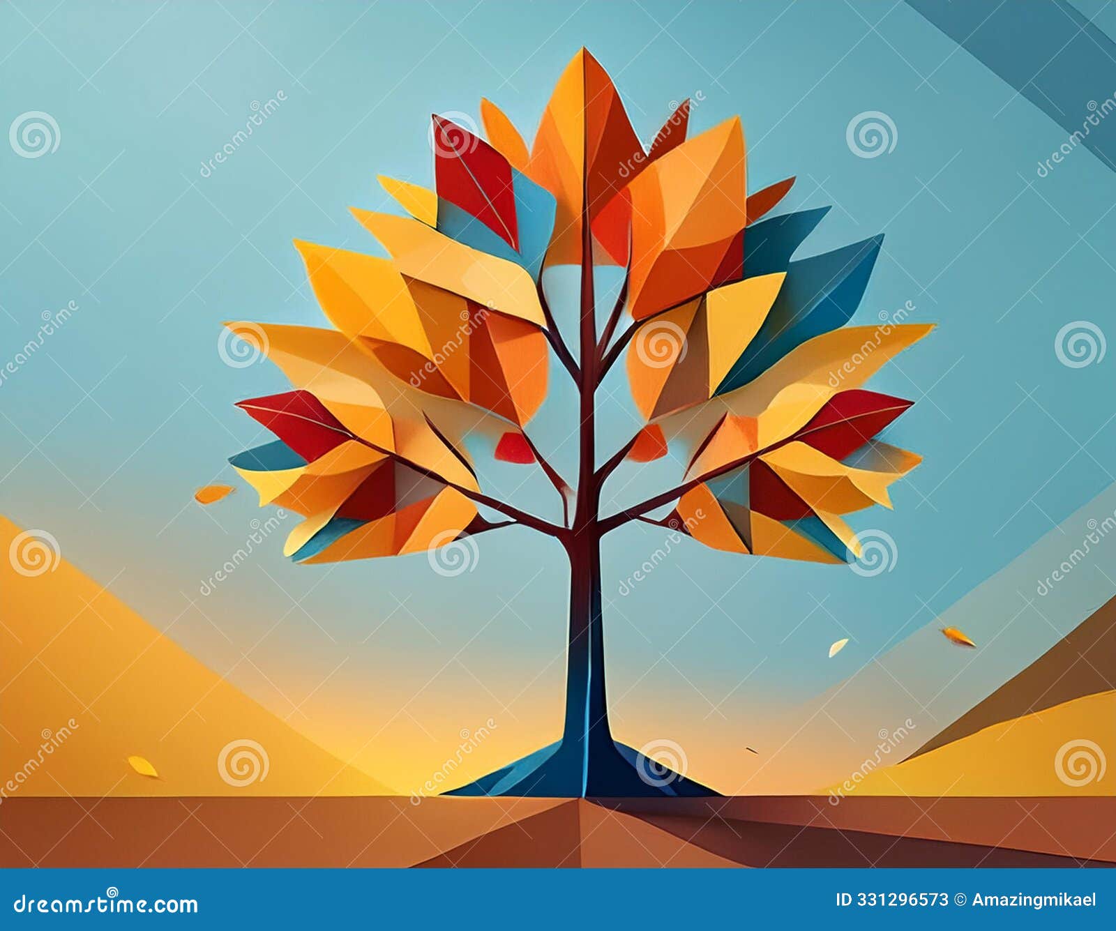 Simplified Autumn Tree Clean Lines Bold Colors Minimal Leaves on Plain ...