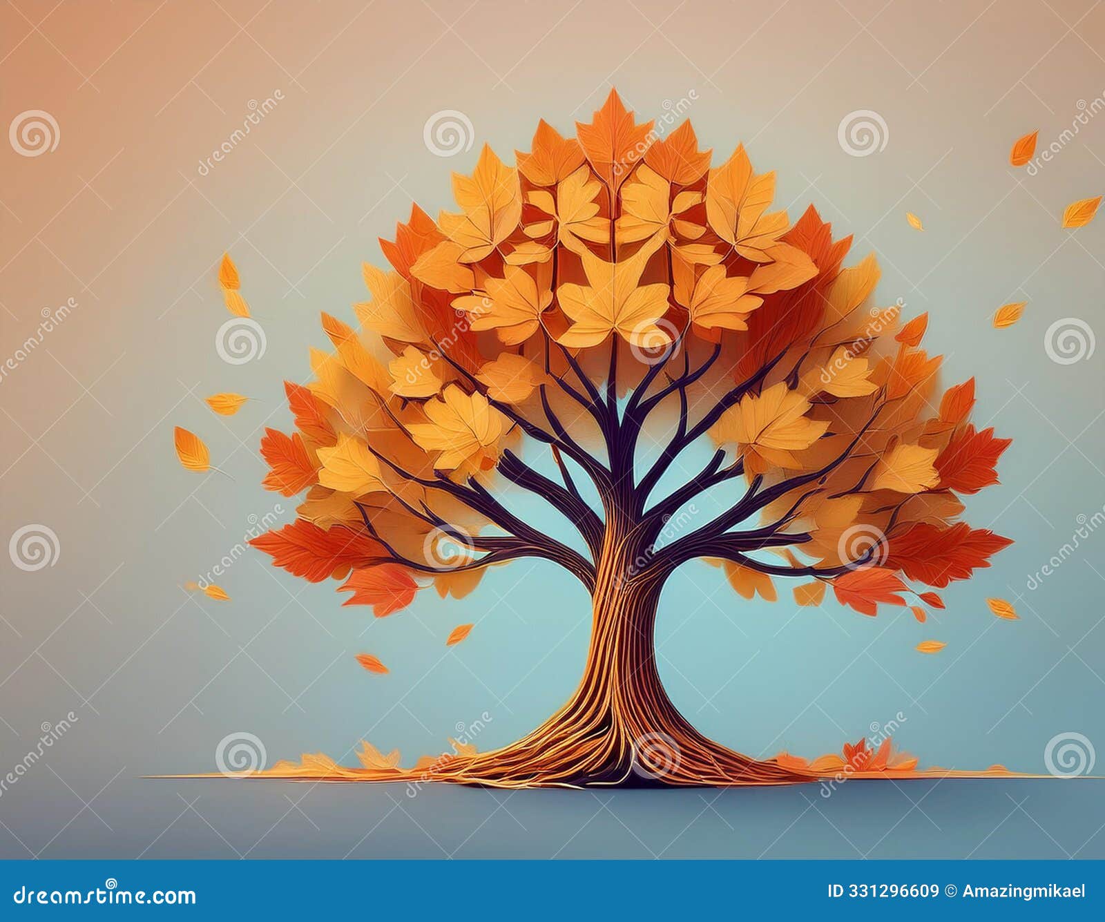 Simplified Autumn Tree Clean Lines Bold Colors Minimal Leaves on Plain ...