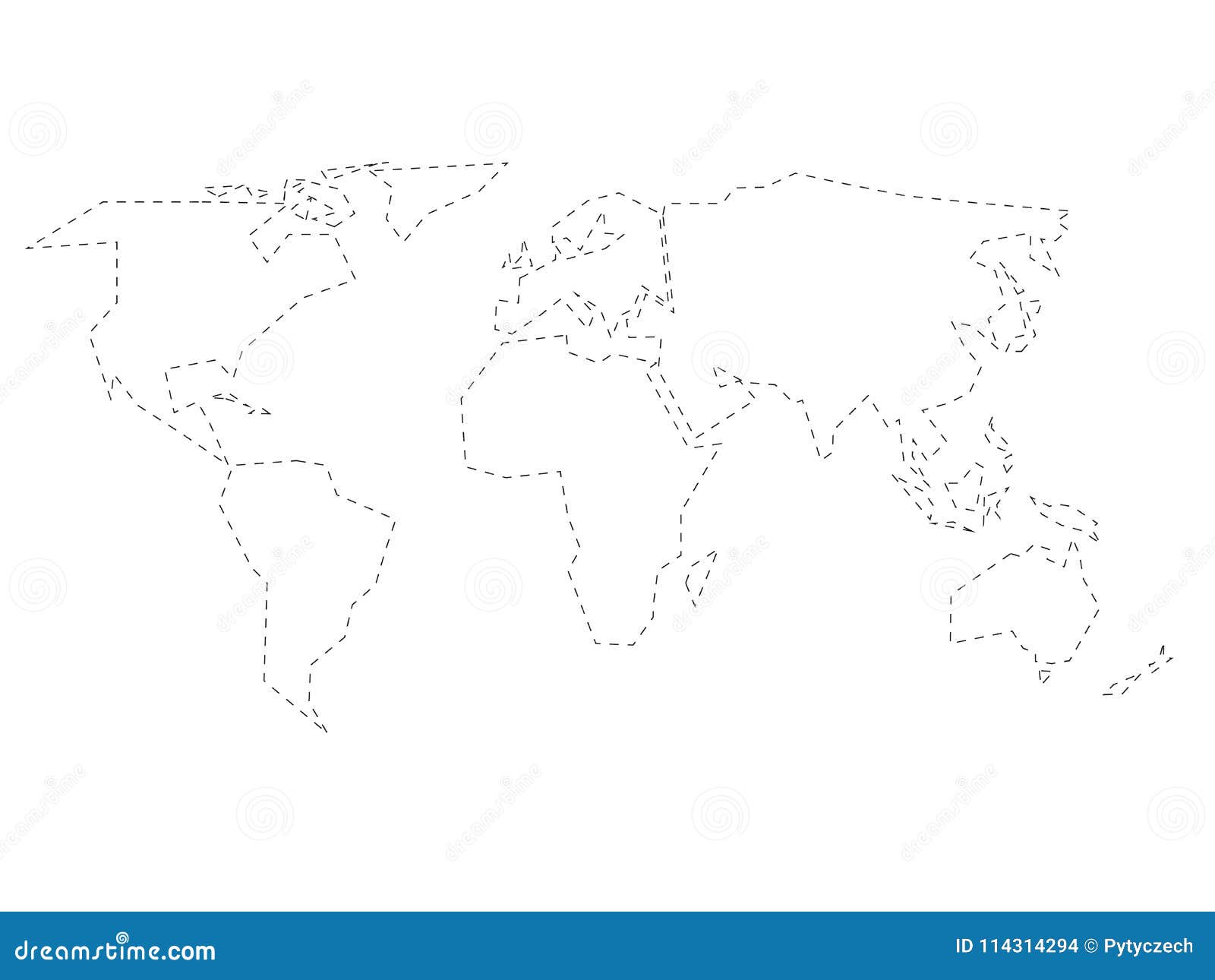 Simplified Black Dashed Outline Of World Map Divided To Six Continents ...