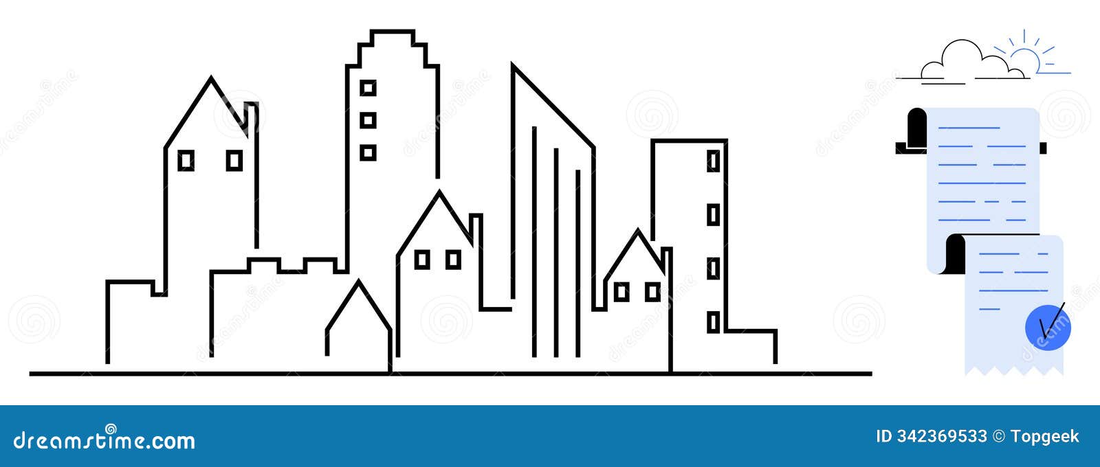 Simplified City Skyline with Contract Agreement Illustration in Vector ...
