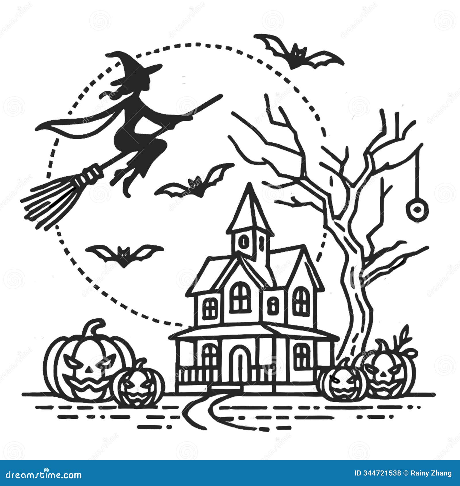 Simplified Drawing Pattern of a Flying Witch and Castle for Halloween ...