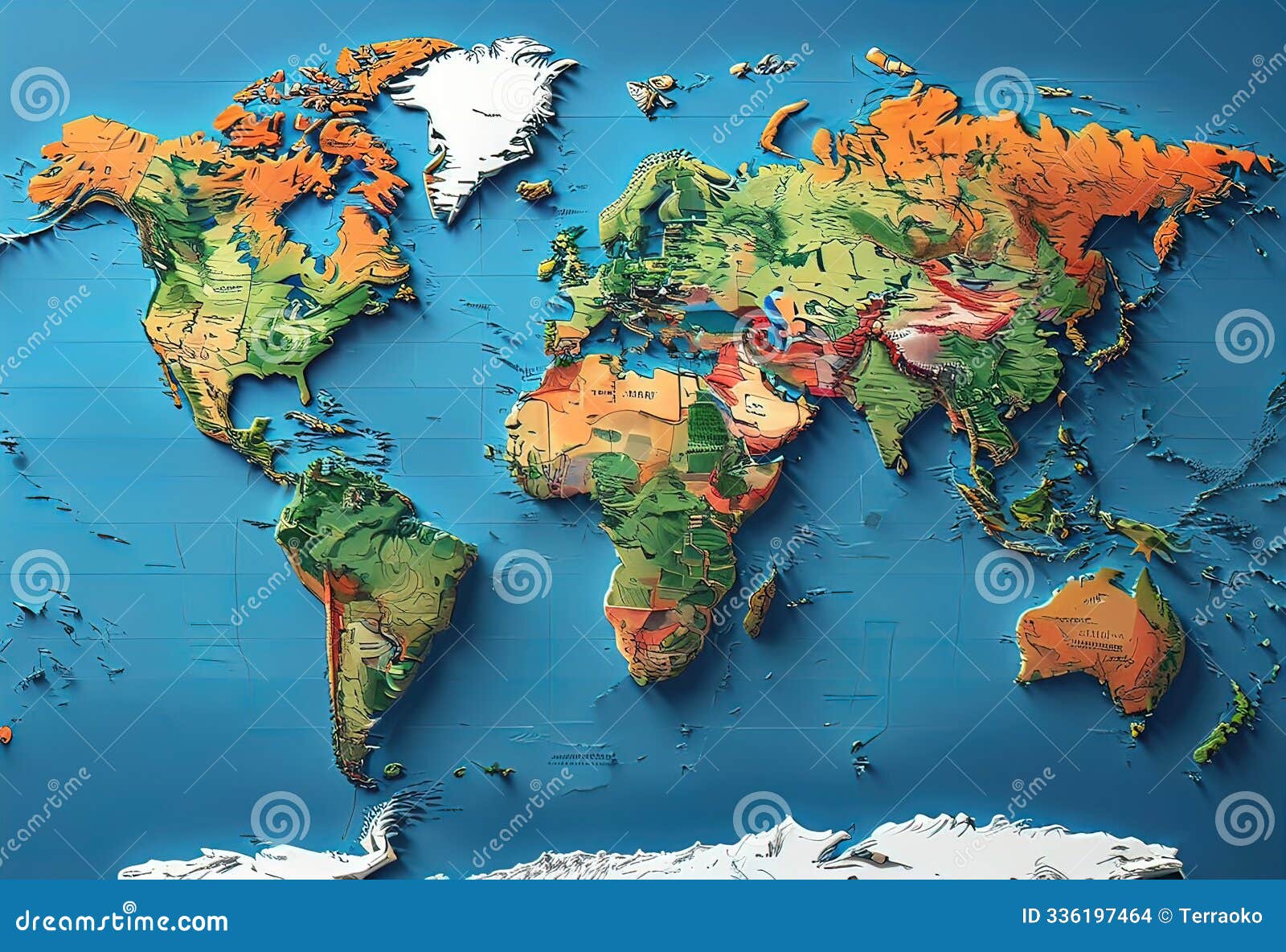 A Simplified Representation of a World Map. Vector Style, 3D Rendering, World Map Bas-relief ...