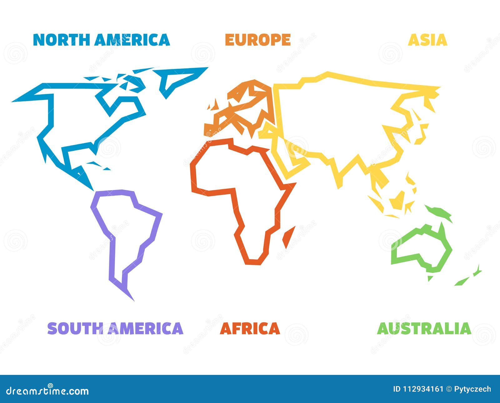 Simplified Thick Outline of World Map Divided To Six Continents. Simple ...