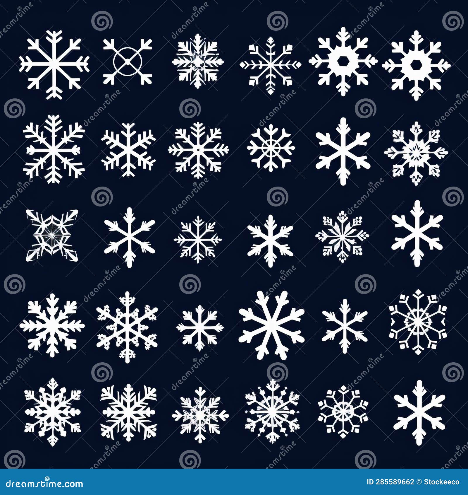 Simplistic Snowflake Vector Icon Set on Dark Background Stock ...