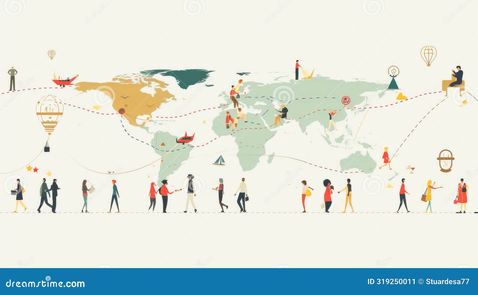 Simplistic World Map with Human Figures and Icons Stock Illustration ...