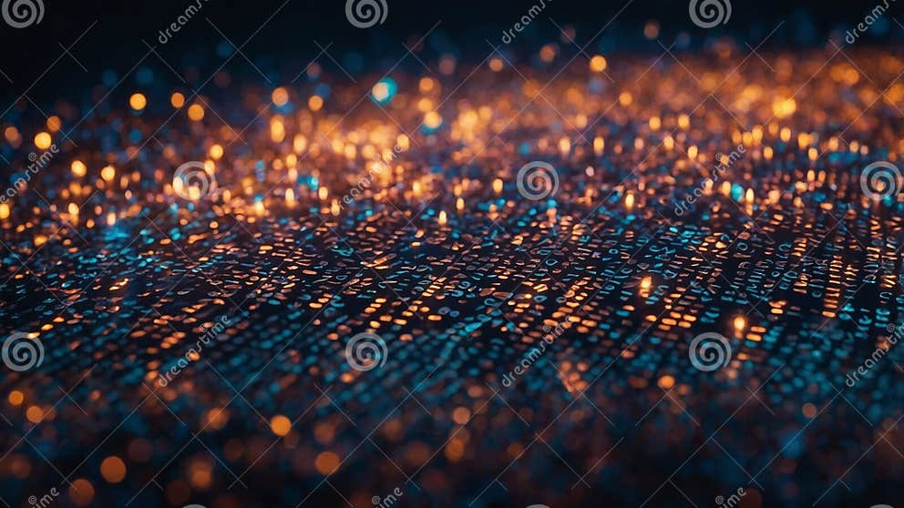 Simulation of Flowing Stream of Binary Code Data Illuminated by Soft Glowing Light. Generative ...