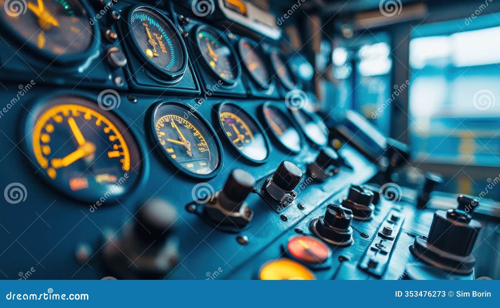 A Simulator Console with Various Dials and Gauges Used for Industrial ...