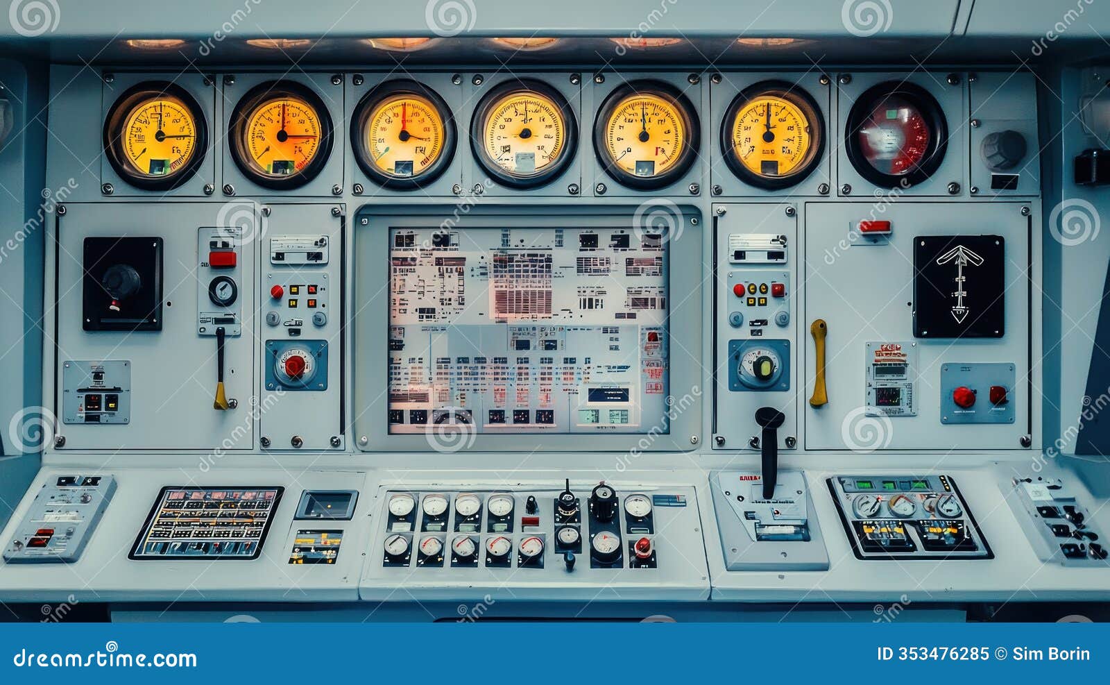 A Simulator Console with Various Dials and Gauges Used for Industrial ...