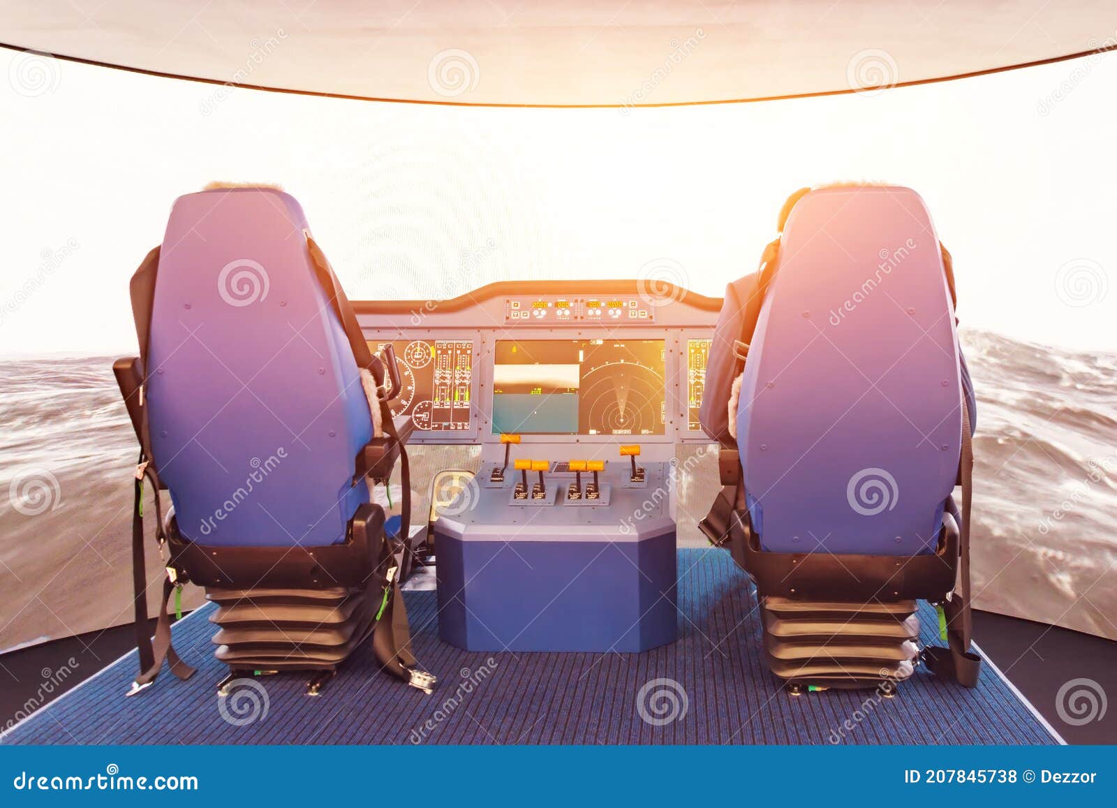 Simulator of a Ship, Boat, Water Transport. Captain`s Control Cabin ...