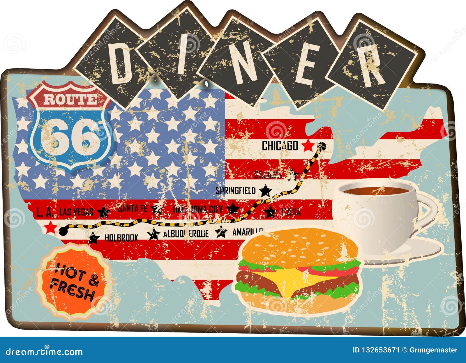 Sinal Do Jantar Da Rota 66 E Mapa De Estradas Sujos, Vec Sujo Retro ...