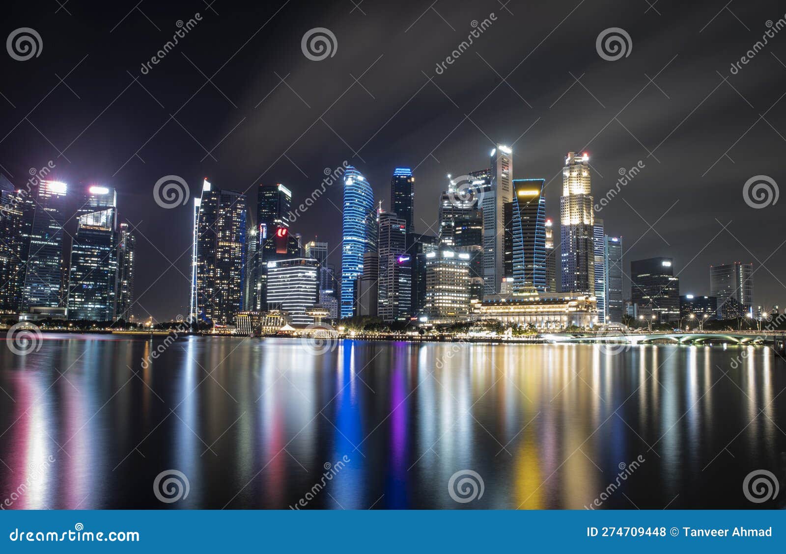 Singapore Downtown Skyscrapers at Night with Reflection in Water Stock ...