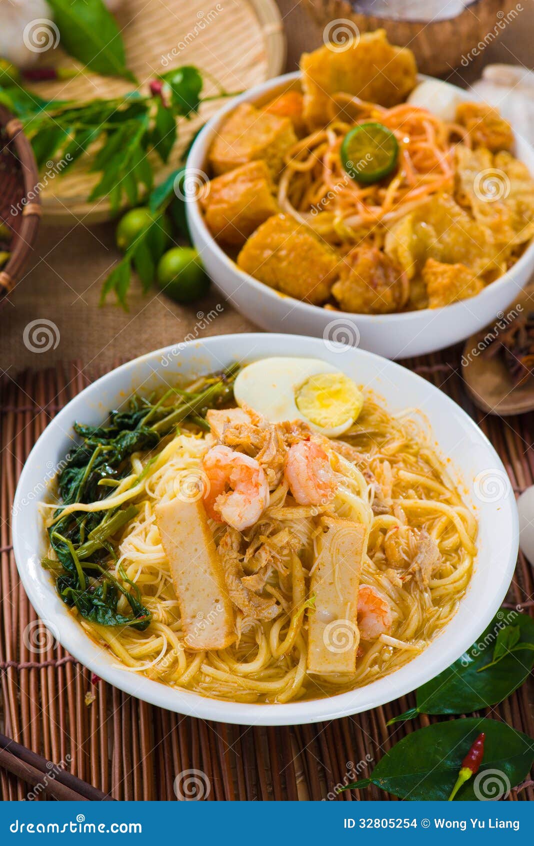 Singapore Famous Prawn Noodle or Har Mee with Decorations on Background ...
