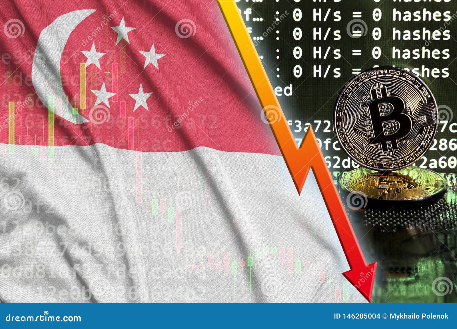 Singapore Flag and Falling Red Arrow on Bitcoin Mining Screen and Two ...