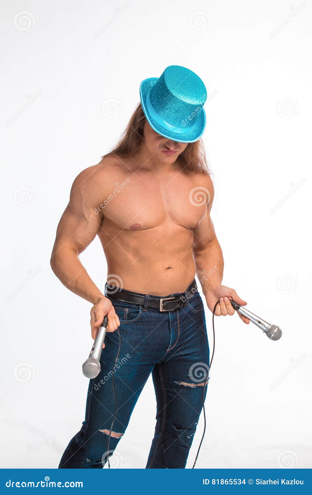 Singer Bodybuilder Shirtless with Long Hair in a Blue Hat with a ...