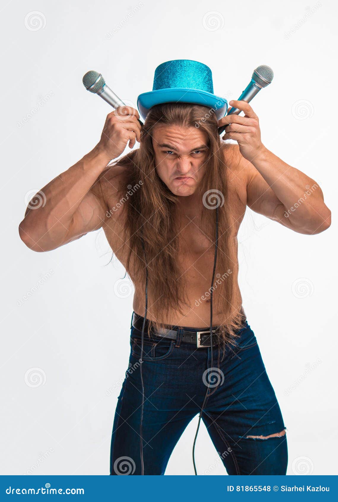 Singer Bodybuilder Shirtless with Long Hair in a Blue Hat with a ...