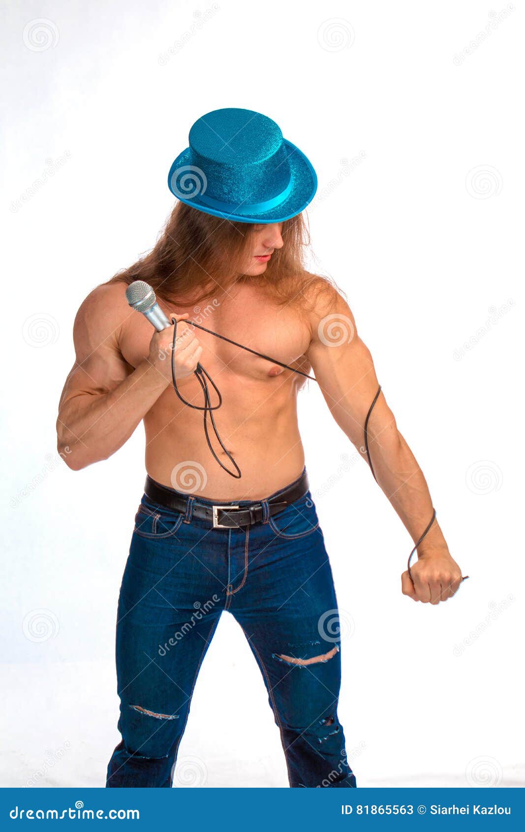 Singer Bodybuilder Shirtless With Long Hair In A Blue Hat With A ...