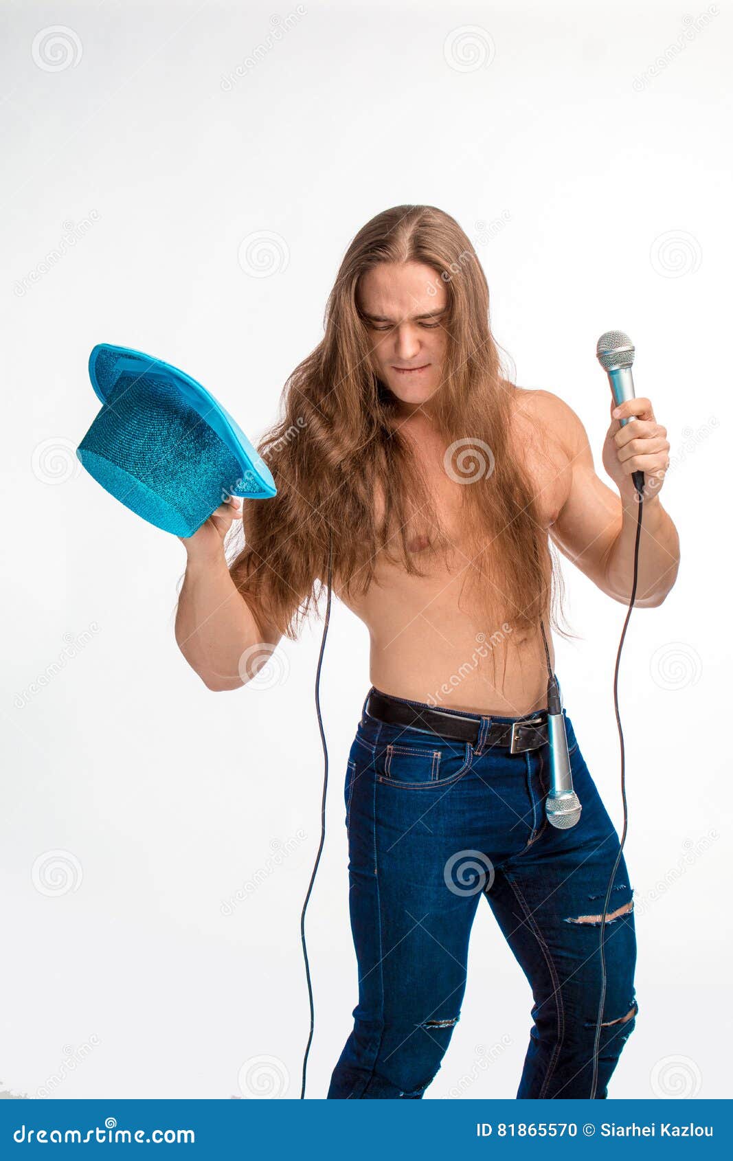 Singer Bodybuilder Shirtless with Long Hair in a Blue Hat with a ...