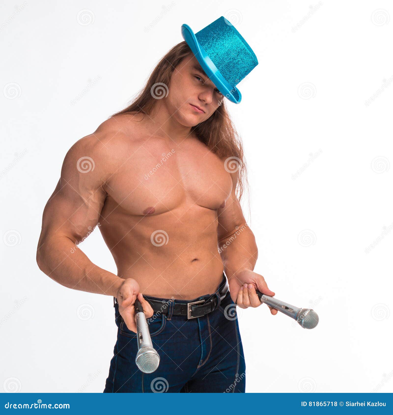Singer Bodybuilder Shirtless With Long Hair In A Blue Hat With A ...