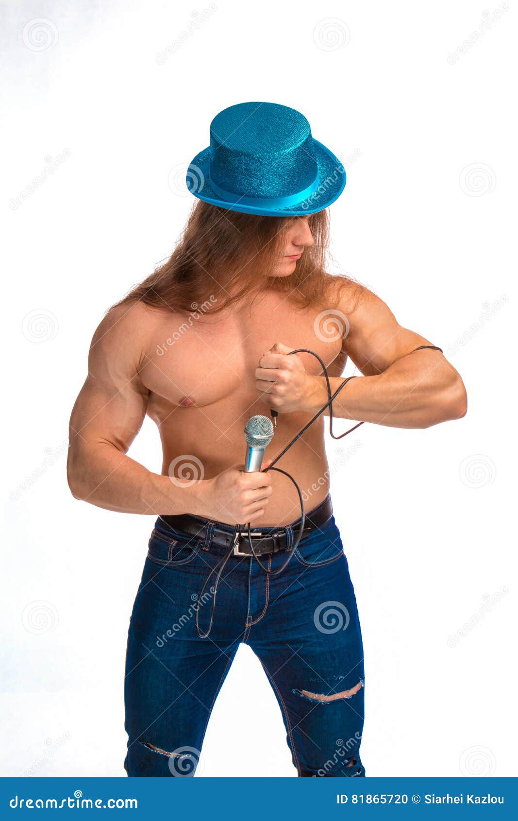 Singer Bodybuilder Shirtless with Long Hair in a Blue Hat with a ...