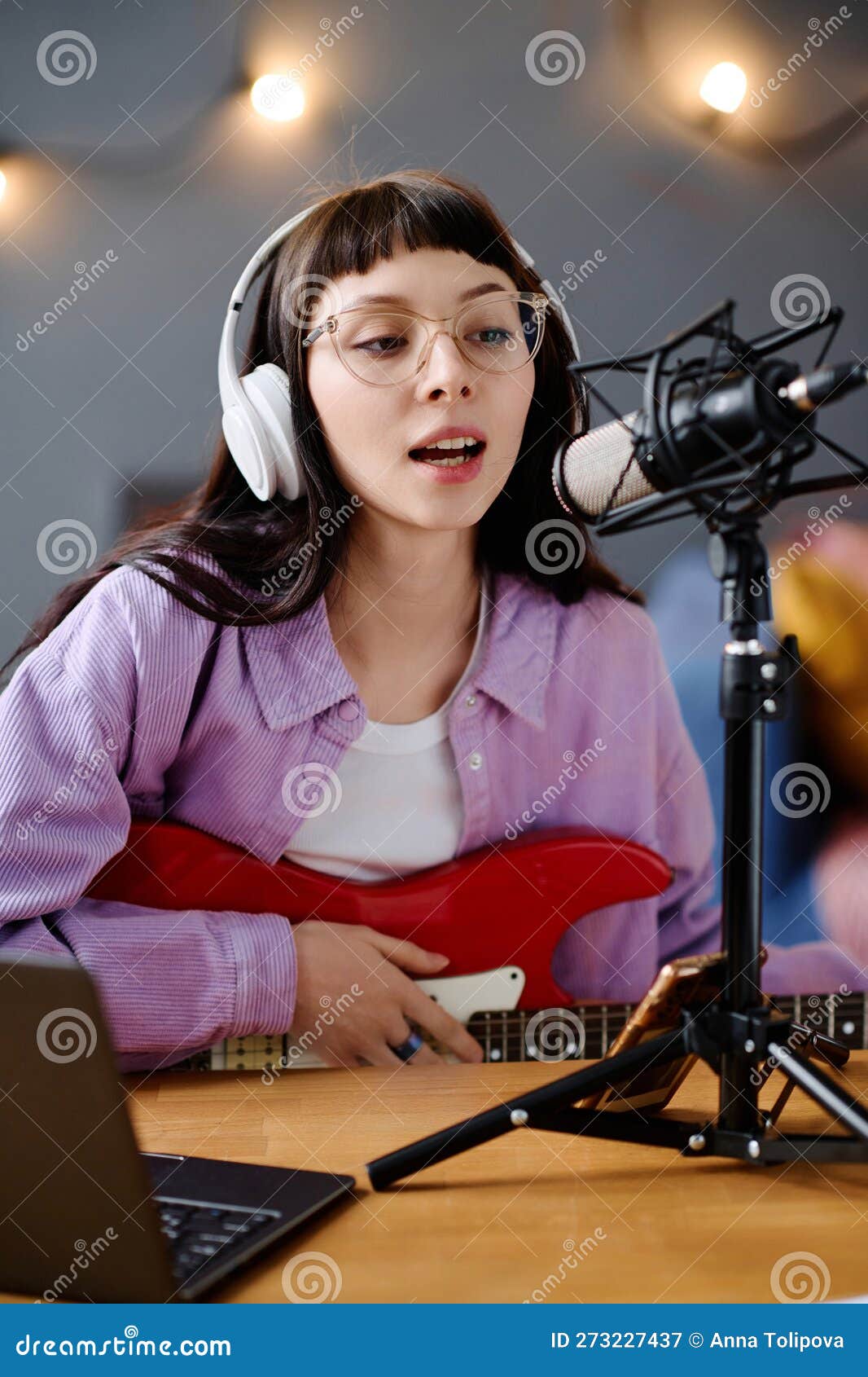 Singer with Guitar Recording Her Song Stock Image - Image of learn ...