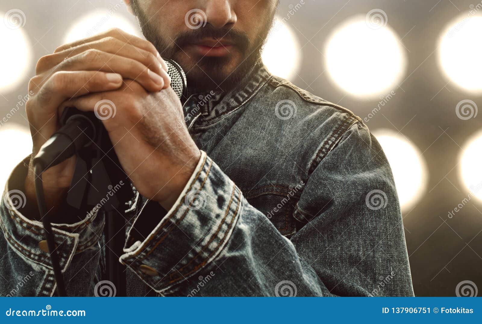 Singer Holding Microphone on Stand Stock Image - Image of media ...