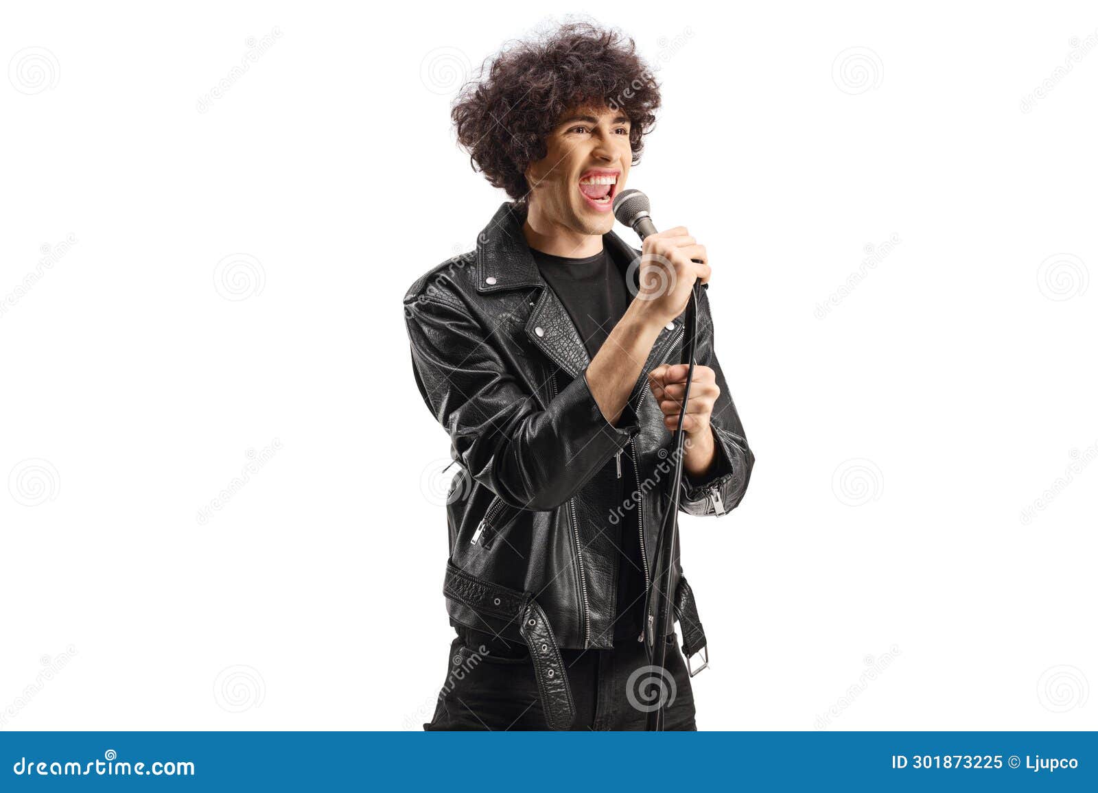 Singer in a Leather Jacket Singing on a Microphone Stock Image - Image ...