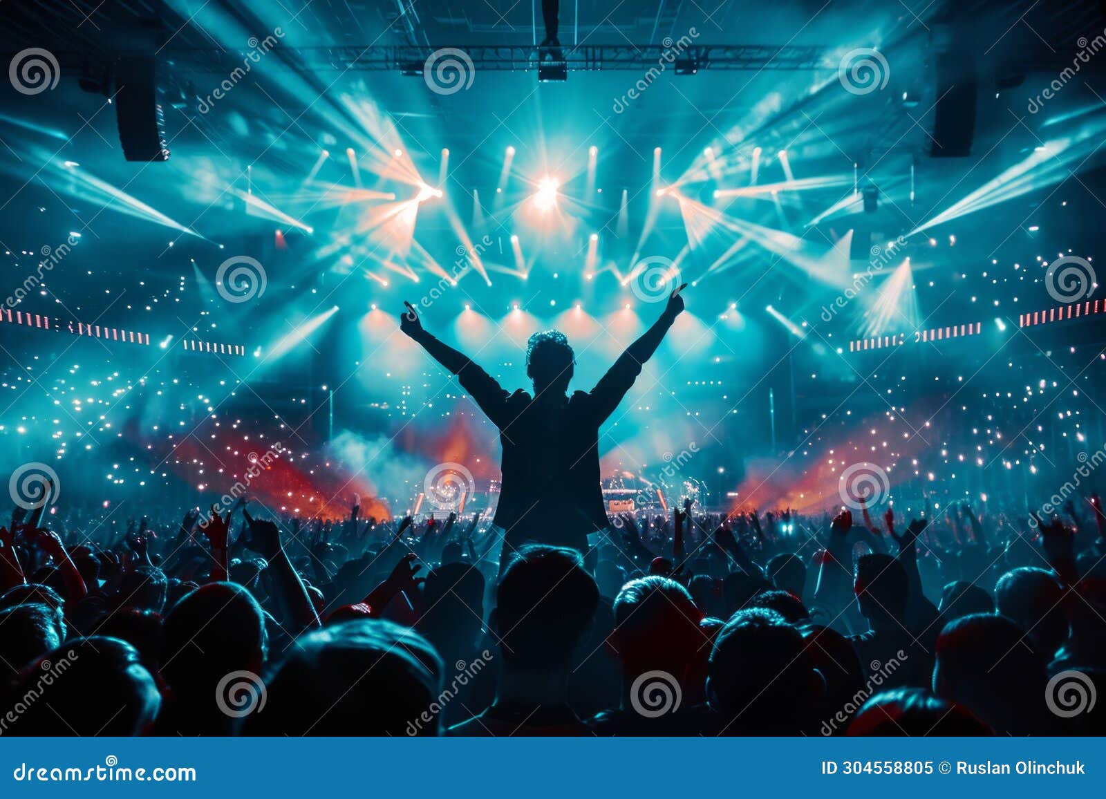 Singer Performs a Musical Concert on Stage in a Huge Packed Stadium ...