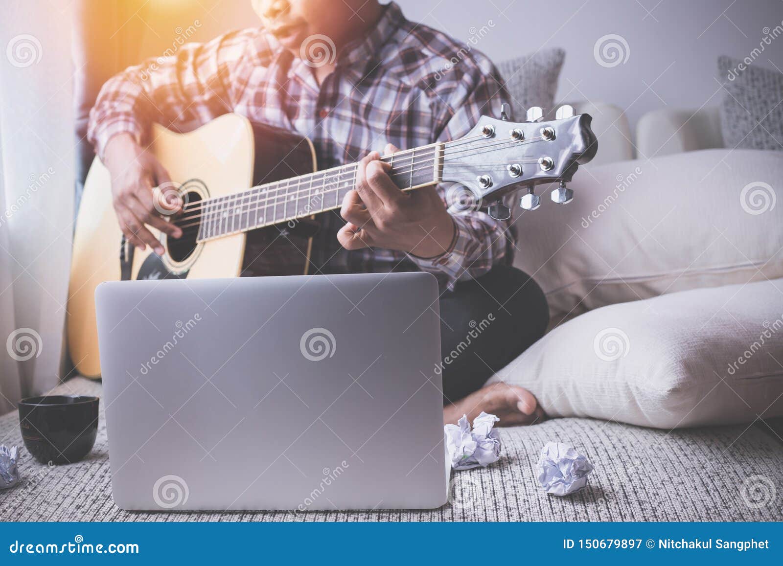 Singer Playing Guitar on Bed Stock Image - Image of list, person: 150679897